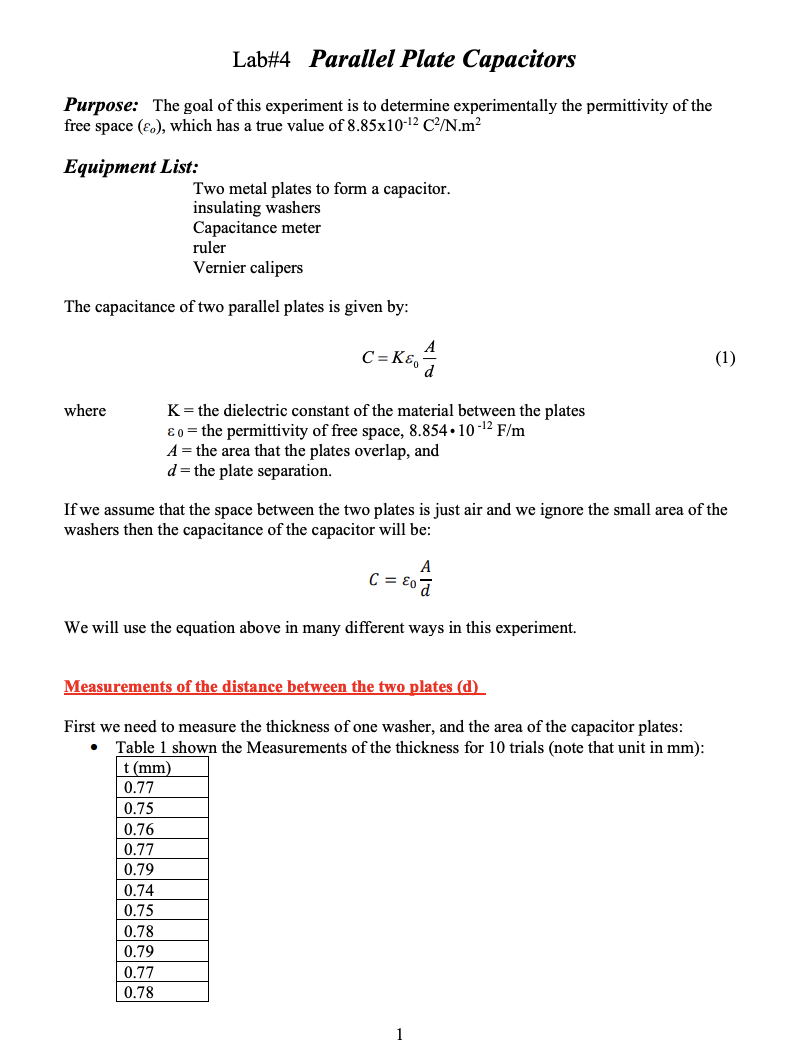 Solved Lab#4 Parallel Plate Capacitors Purpose: The goal of | Chegg.com