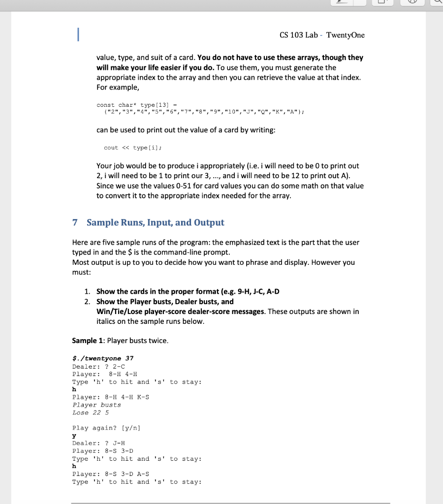 CS 103 Lab - TwentyOne 1 Introduction In this | Chegg.com