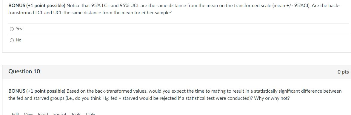 Solved BONUS ( +3 points possible) Back-transform the means, | Chegg.com