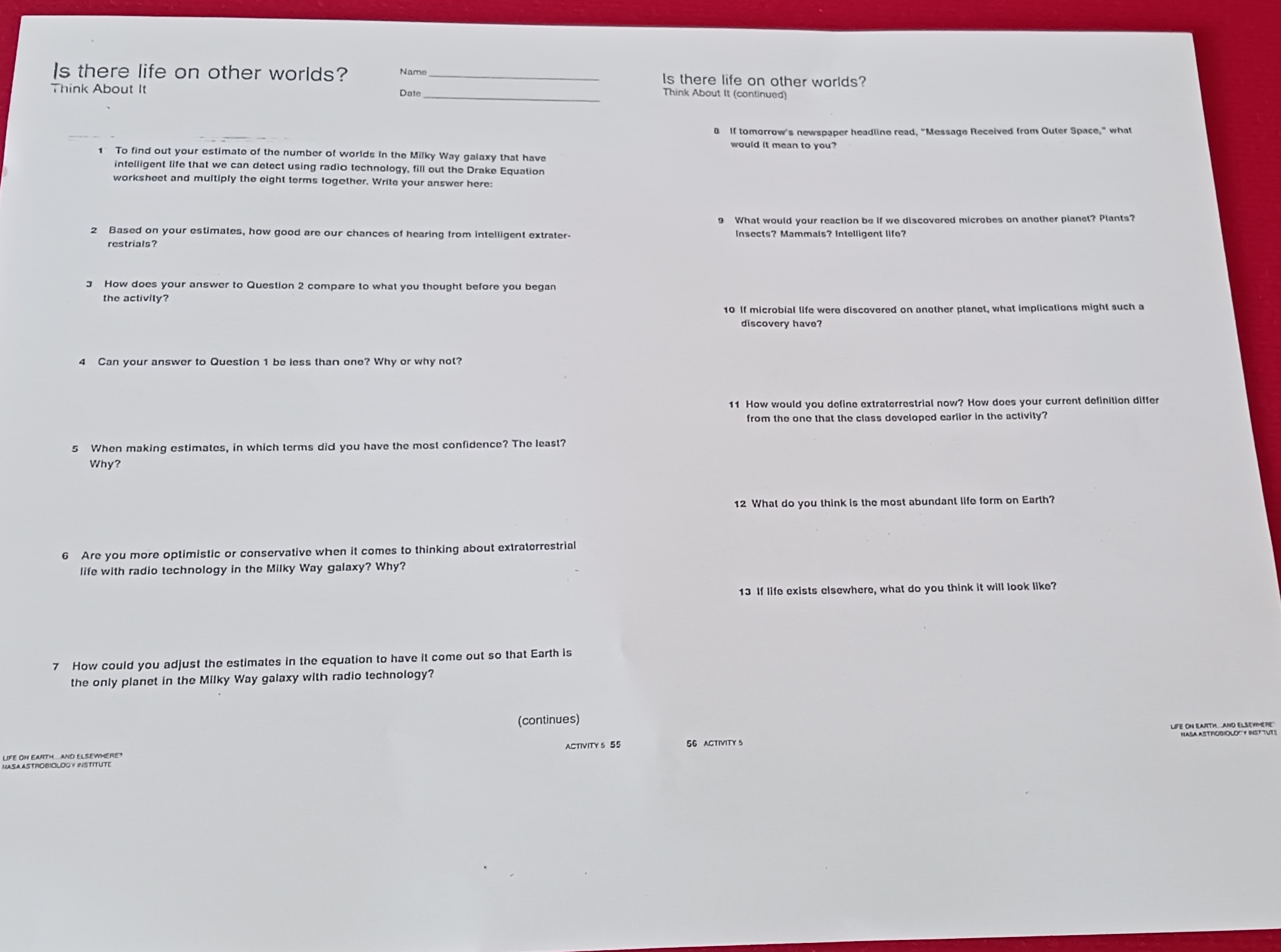 Solved Is there life on other worlds? Name Think About it Is | Chegg.com