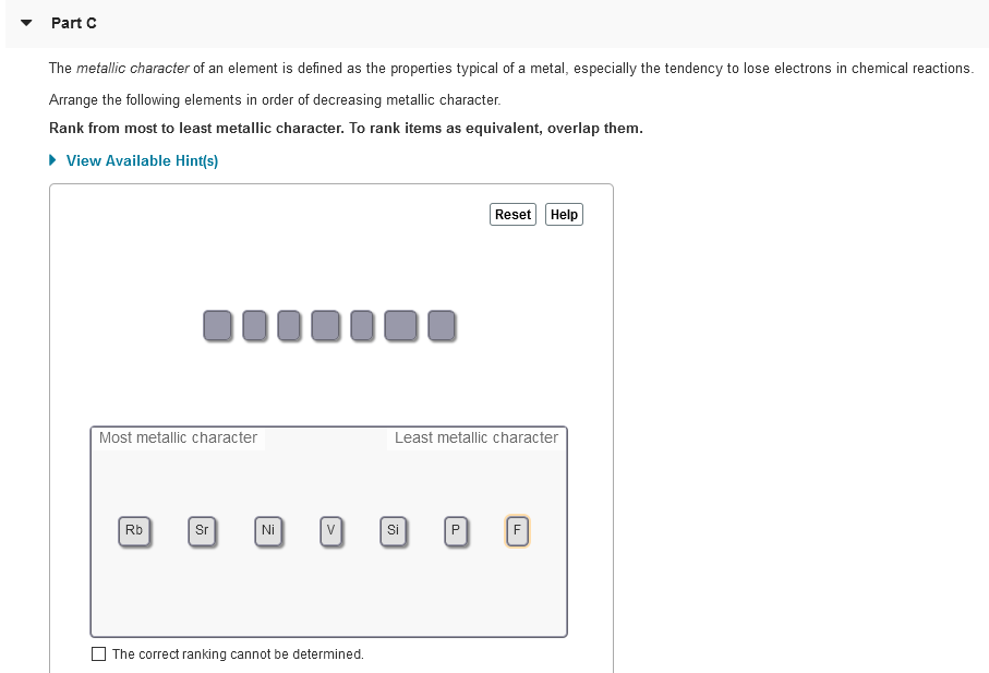 Solved Part C The metallic character of an element is | Chegg.com