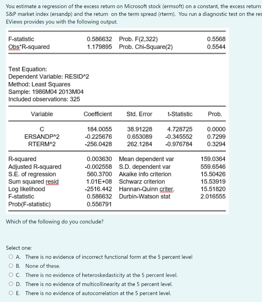 Solved You estimate a regression of the excess return on | Chegg.com