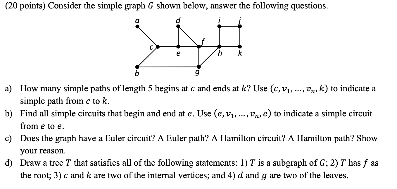 Solved (20 points) Consider the simple graph G shown below, | Chegg.com