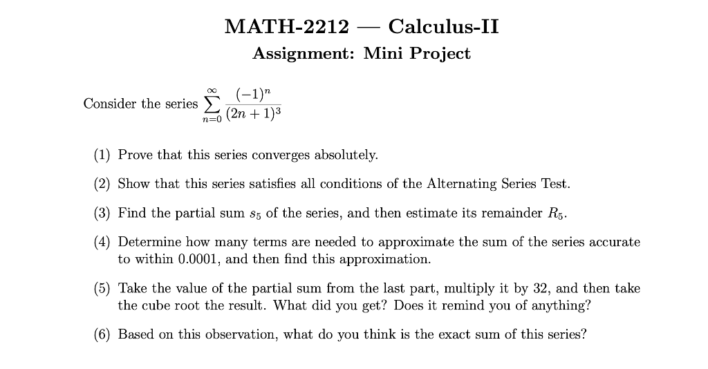 Solved MATH-2212 Calculus-II Assignment: Mini Project | Chegg.com