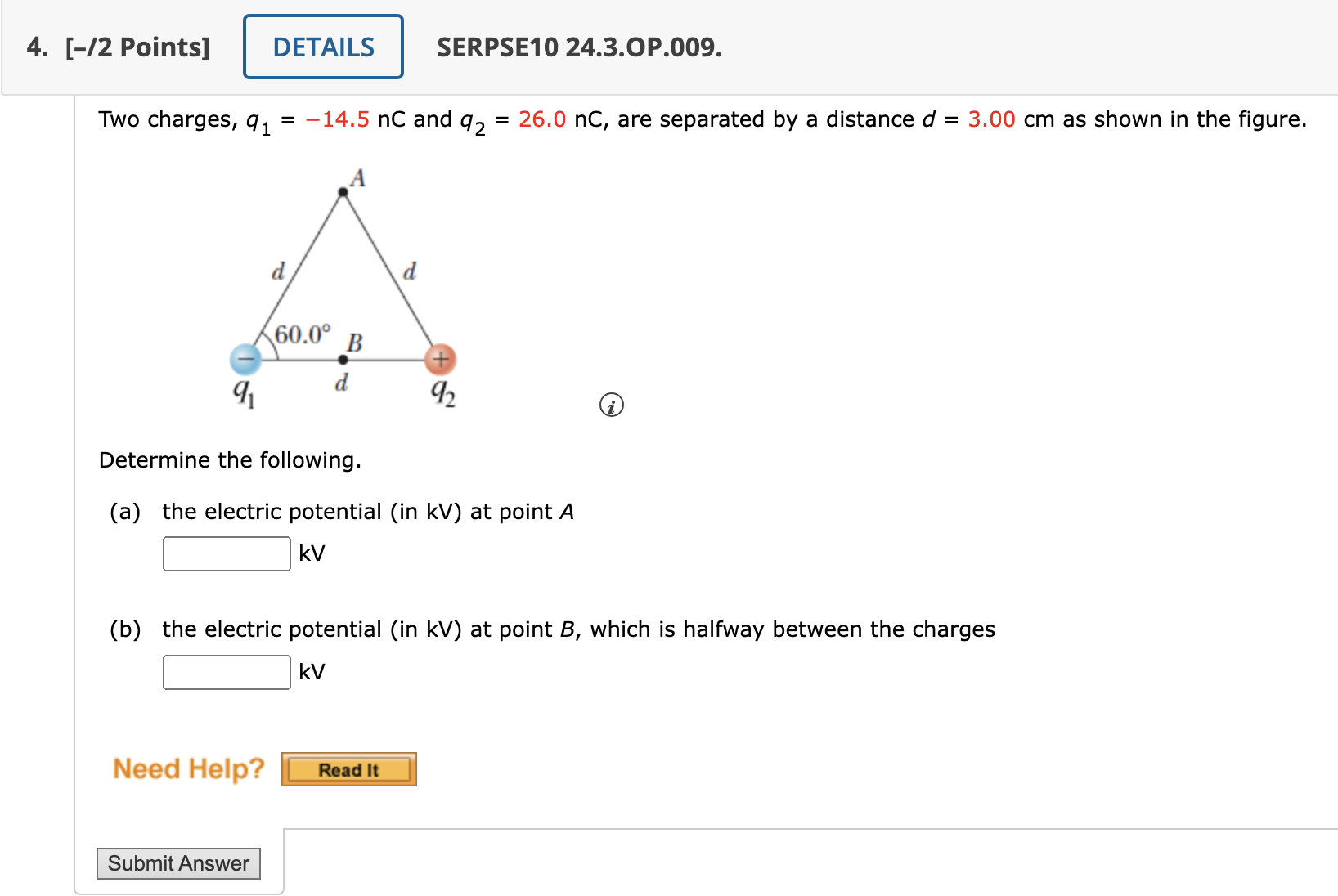 Solved Two charges, q1=−14.5nC and q2=26.0nC, are separated | Chegg.com