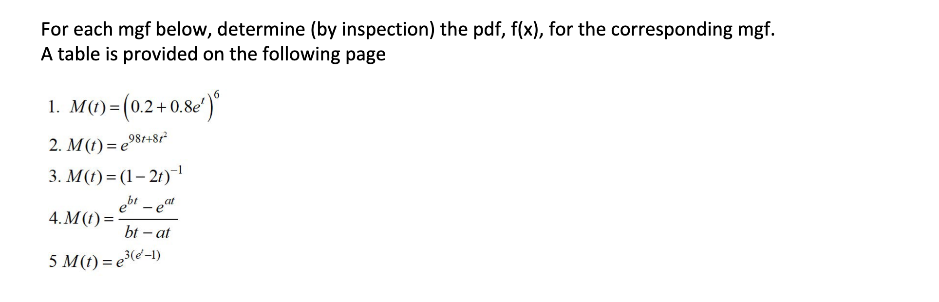 Solved For each mgf below, determine (by inspection) the | Chegg.com