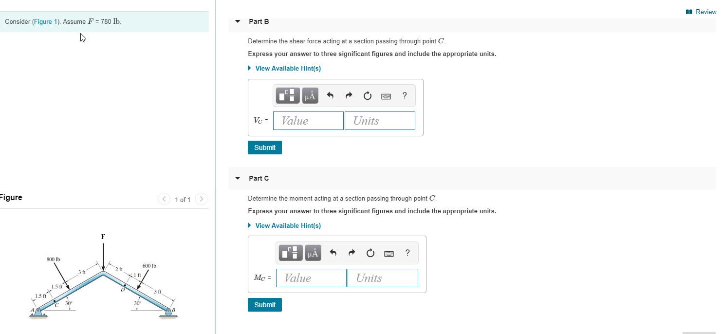 Solved A Review Consider (Figure 1). Assume F = 780 lb. Part | Chegg.com