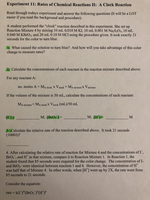 Experiment 11: Rates of Chemical Reactions II: A | Chegg.com