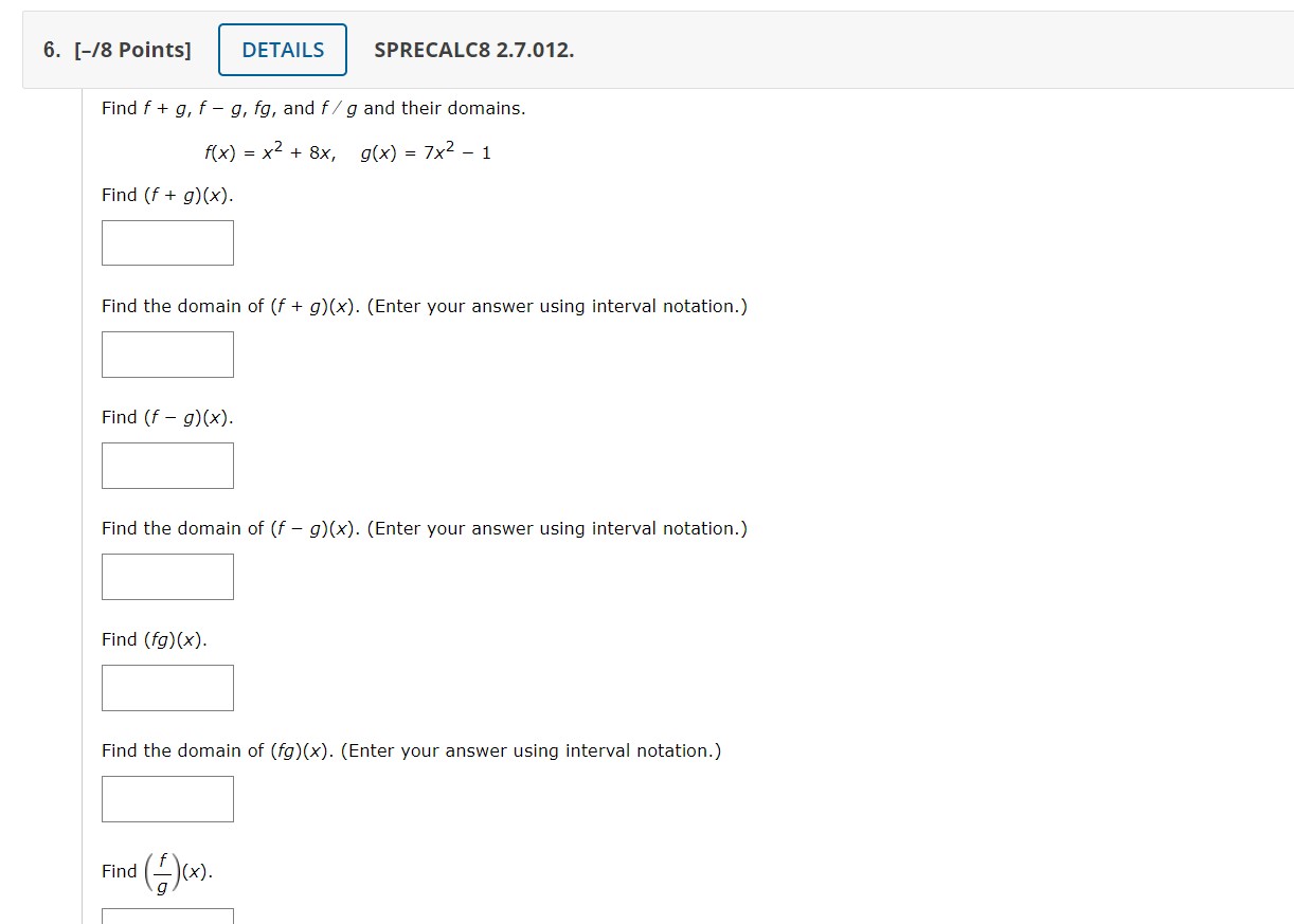 Solved Find f+g,f-g,fg, ﻿and fg ﻿and their | Chegg.com