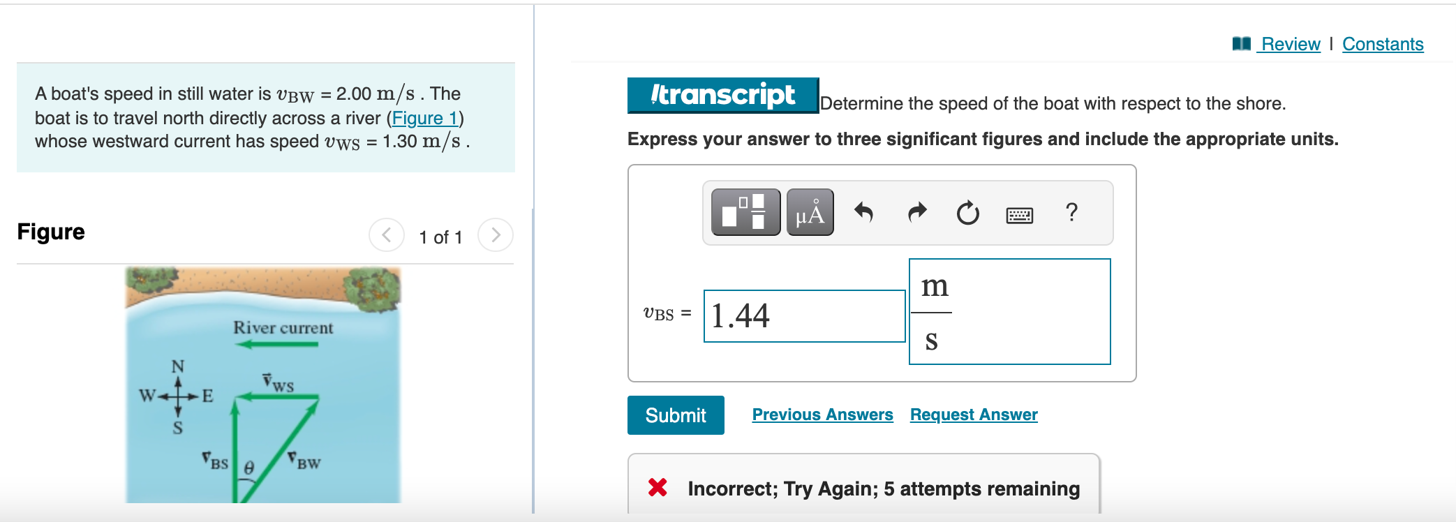 Solved A boat's speed in still water is vBW=2.00 m/s. The | Chegg.com