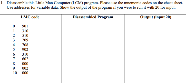 Solved 1. Disassemble this Little Man Computer (LCM) | Chegg.com