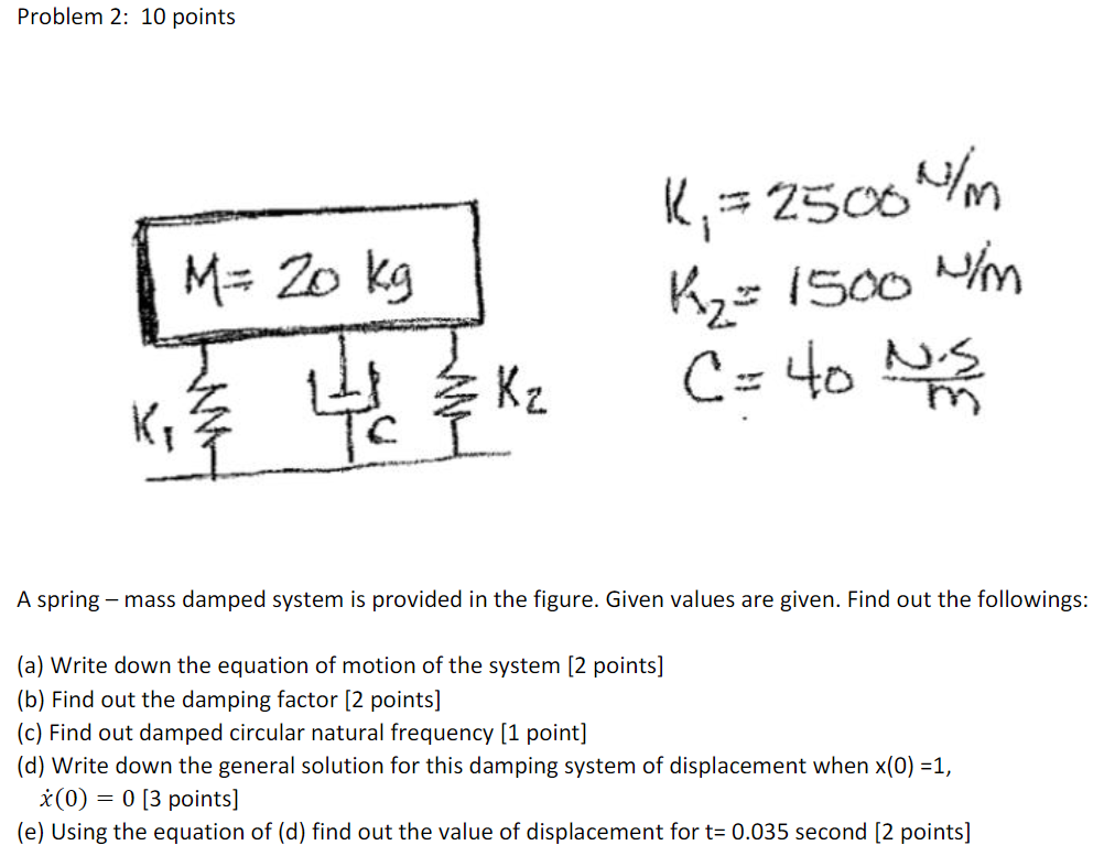 Solved Problem 2: 10 points k1=2500N/m k2=1500 m/m C=40mN⋅S | Chegg.com