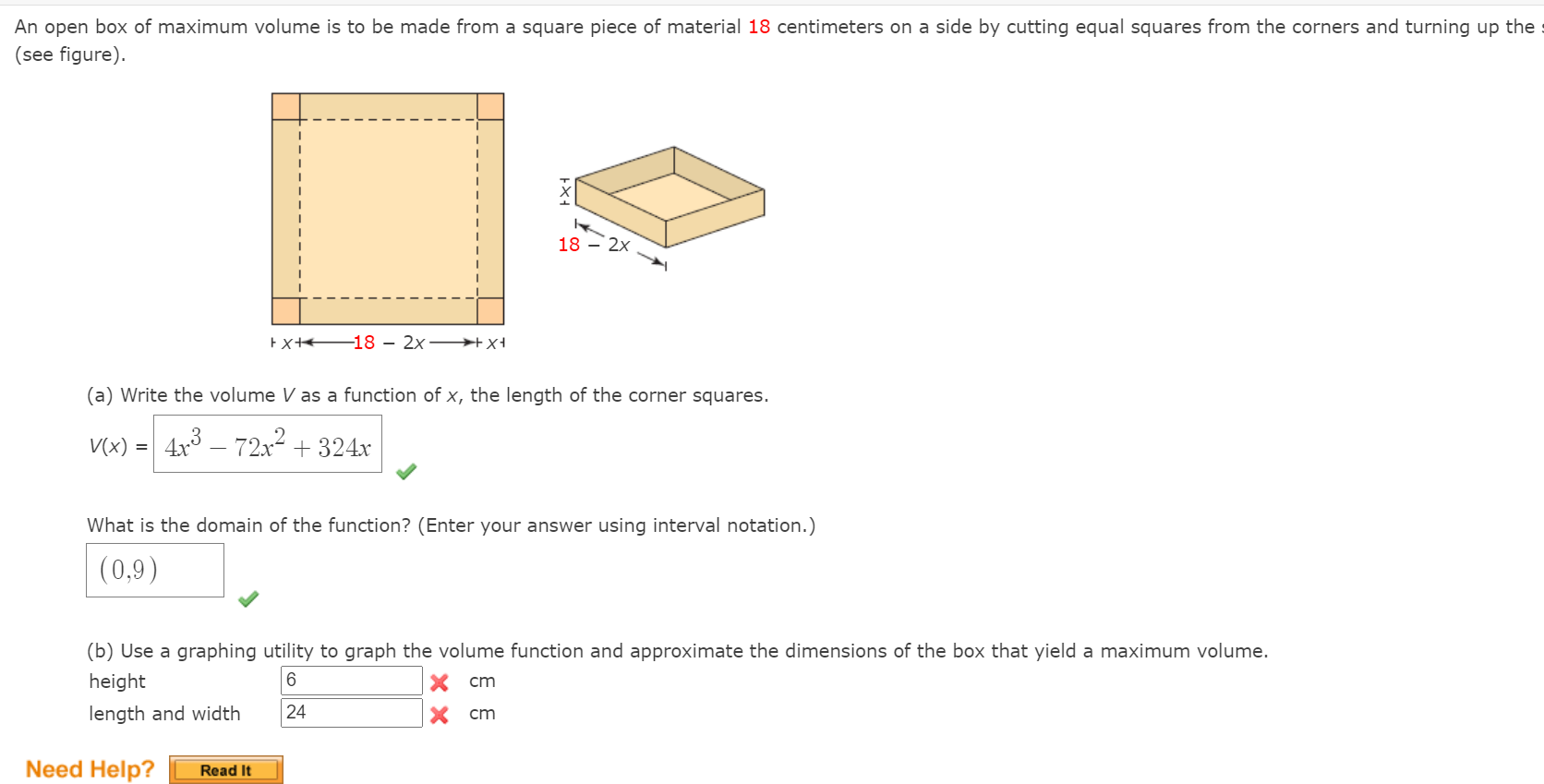 Solved An open box of maximum volume is to be made from a | Chegg.com