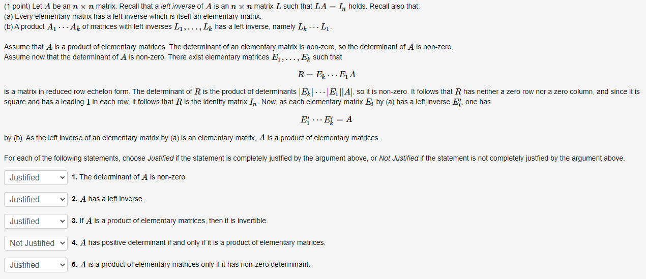Solved (1 point) Let A be an n×n matrix. Recall that a left | Chegg.com