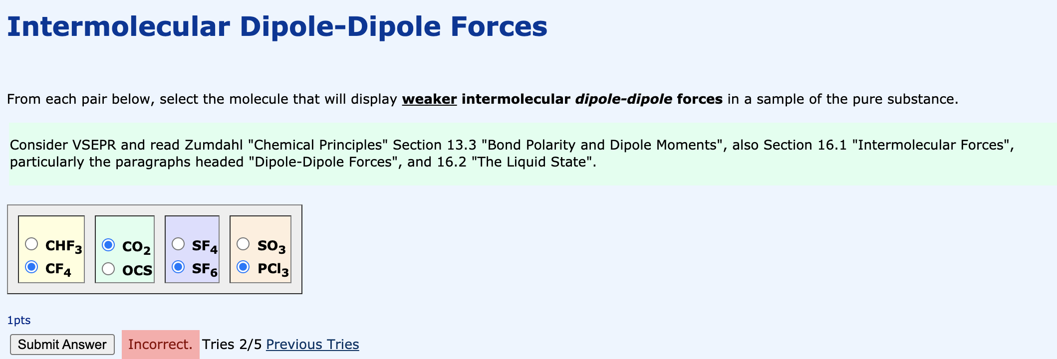 Solved Intermolecular Dipole-Dipole Forces From each pair | Chegg.com