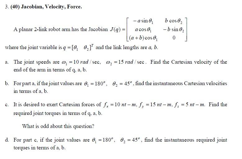 Solved 3. (40) Jacobian, Velocity, Force. - a sine, A planar | Chegg.com