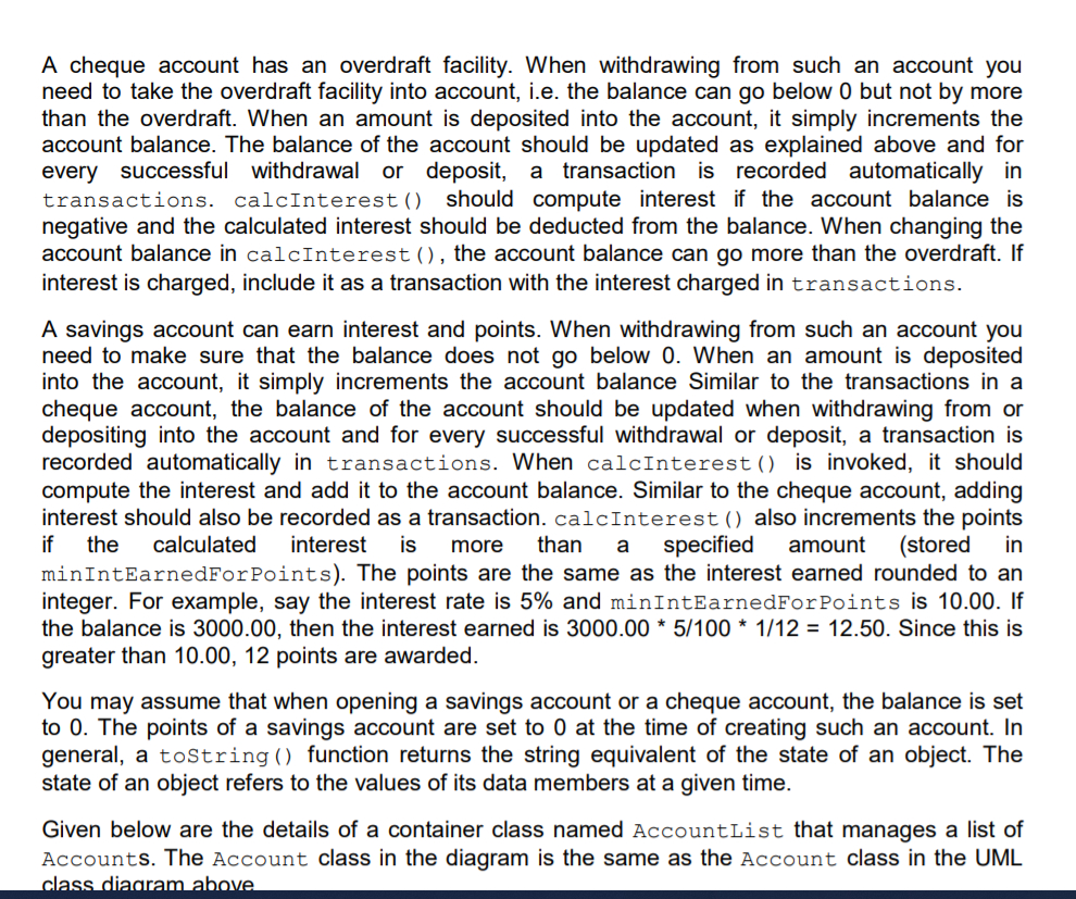 Solved The Account class contains the common aspects of | Chegg.com