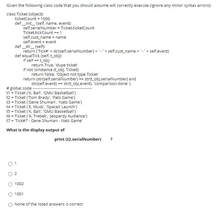 Solved Given the following class code that you should assume | Chegg.com
