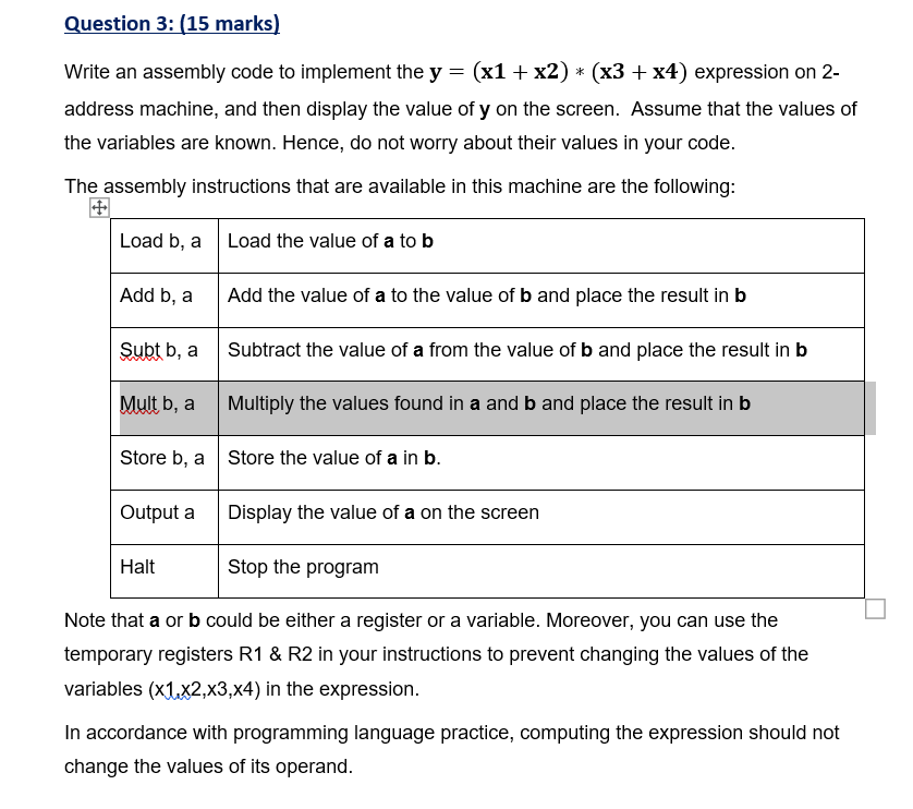 Solved Question 3 15 Marks Write An Assembly Code To