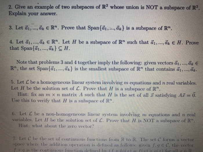 Solved 2. Give an example of two subspaces of R2 whose union | Chegg.com