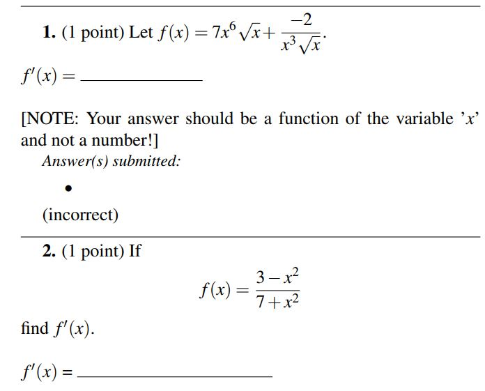 Solved -2 1. (1 point) Let f(x) 7x6 V+ Vx f(x) [NOTE: Your | Chegg.com
