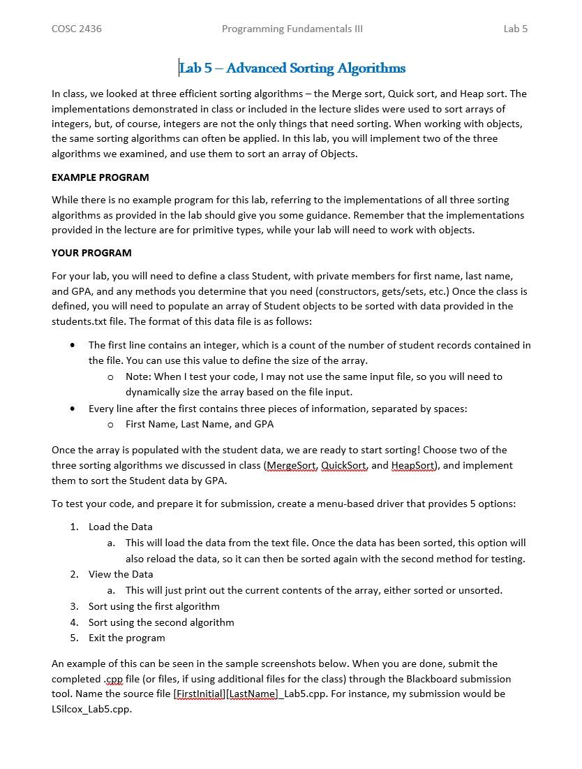 Solved COSC 2436 Programming Fundamentals III Lab 5 Lab 5 - | Chegg.com