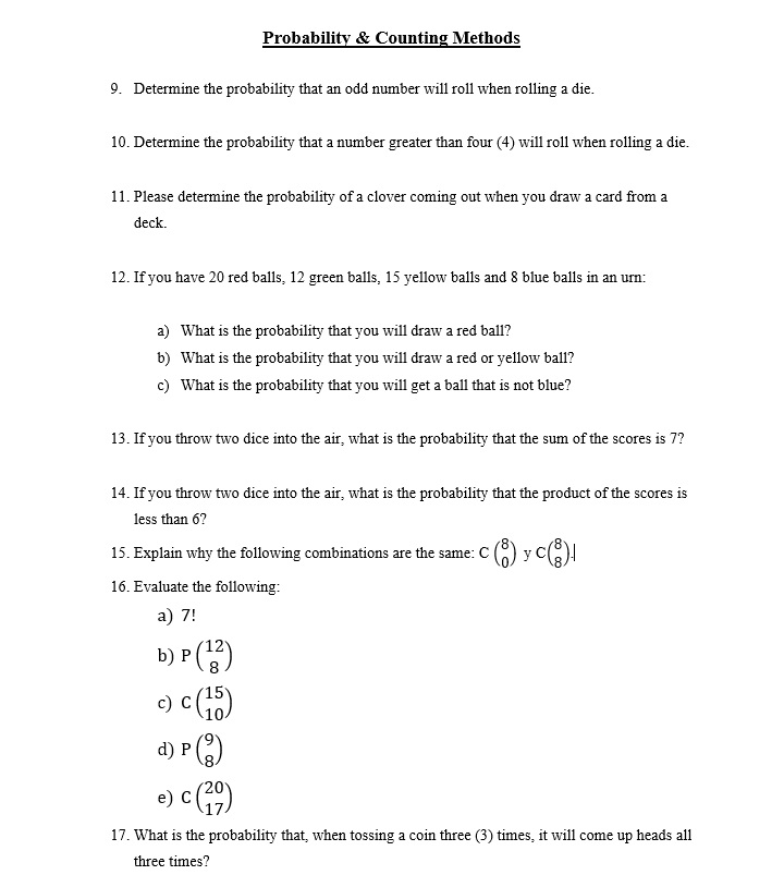 Solved Probability & Counting Methods 9. Determine the | Chegg.com