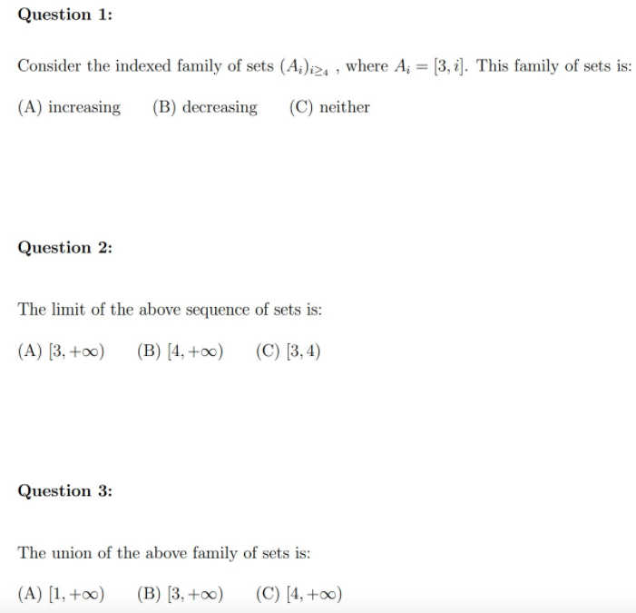 Solved Question 1: Consider the indexed family of sets | Chegg.com