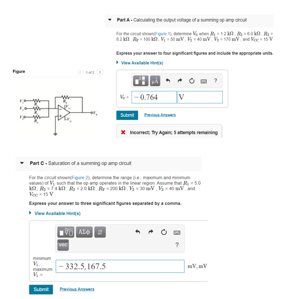 Solved Part A - Calculating the output voltage of a summing | Chegg.com