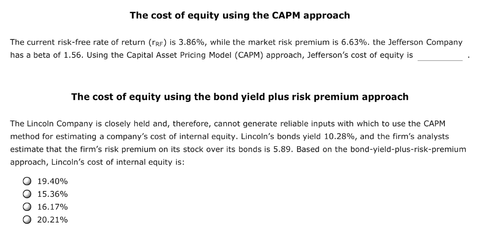 Solved The cost of equity using the CAPM approach The | Chegg.com