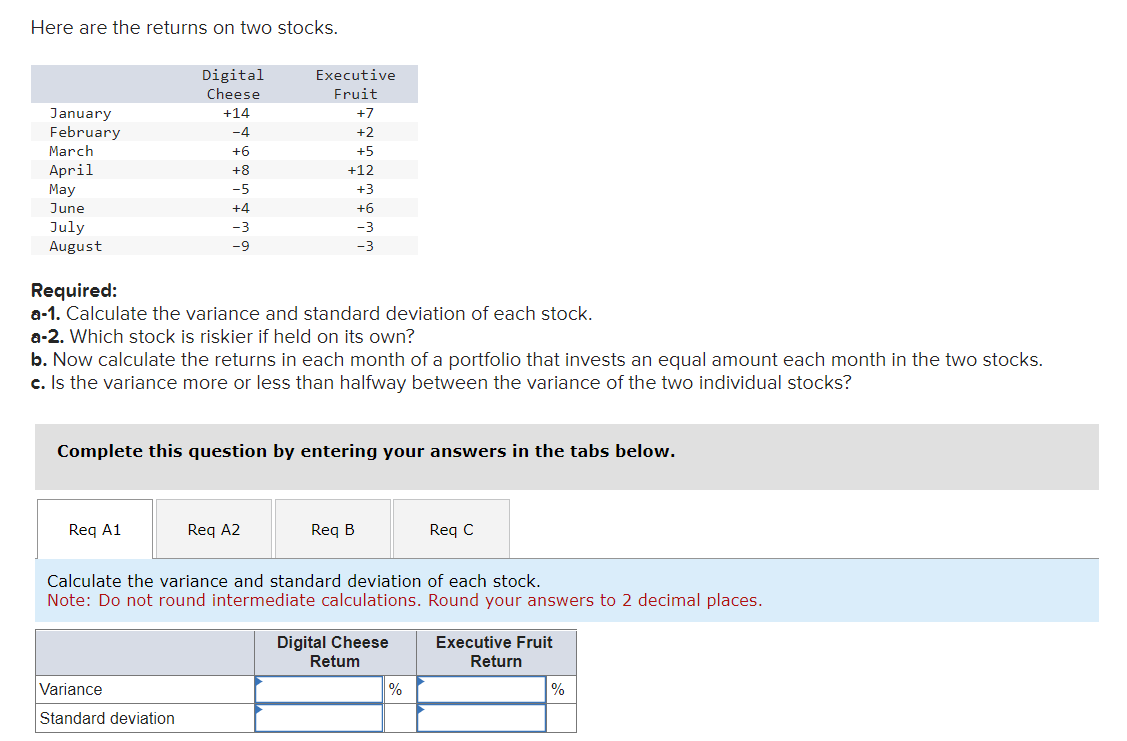 Solved Here are the returns on two stocks. Required: a-1. | Chegg.com