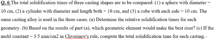 Solved Q. 6 The total solidification times of three casting | Chegg.com