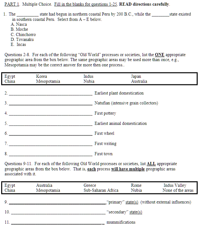 Solved PART 1. Multiple Choice. Fill in the blanks for | Chegg.com