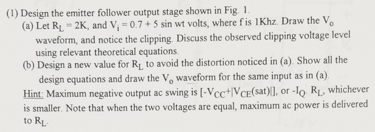 (1) Design the emitter follower output stage shown in | Chegg.com
