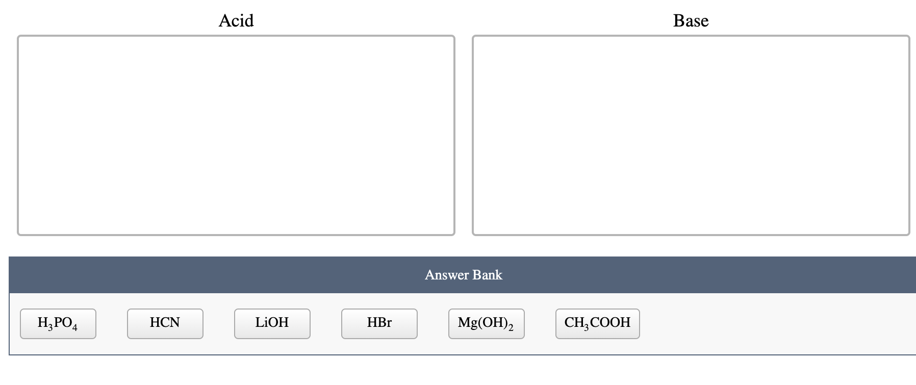 Solved Acid Base Answer Bank H3PO4HCNLiOHMBrCH3COOH | Chegg.com