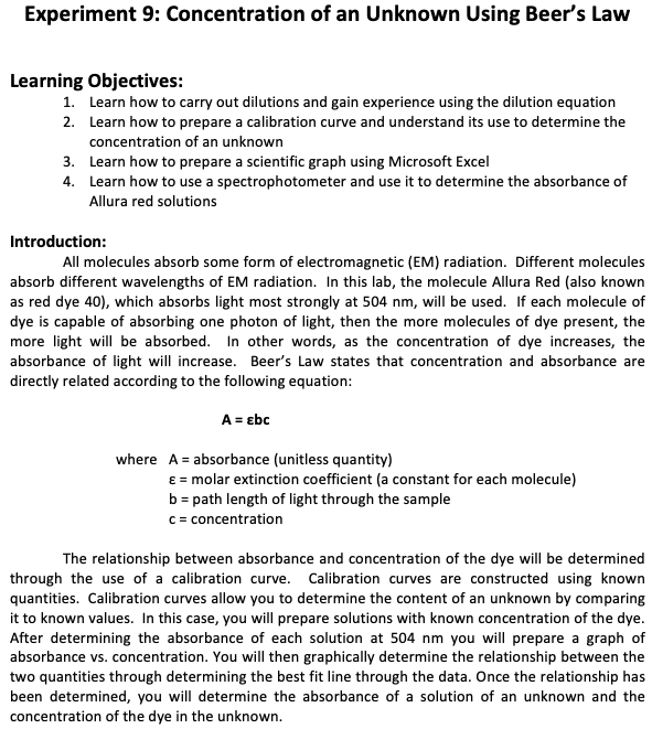 Solved Experiment 9: Concentration of an Unknown Using | Chegg.com
