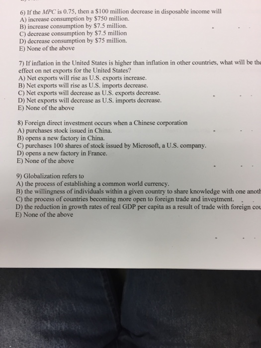 Solved 6) If the MPC is 0.75, then a $100 million decrease | Chegg.com