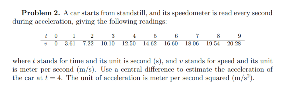 [Solved]: Problem 2. A car starts from standstill, and its