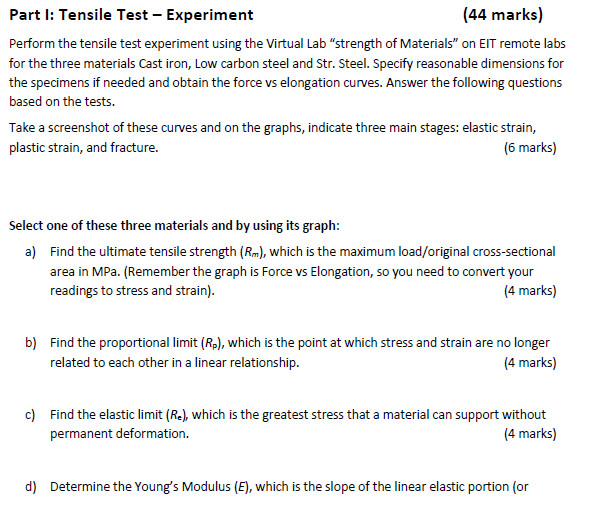 Solved Part I: Tensile Test - Experiment (44 marks) Perform | Chegg.com