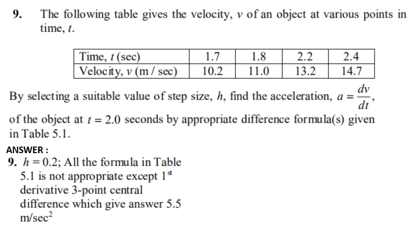 Solved 9. The following table gives the velocity, v of an | Chegg.com