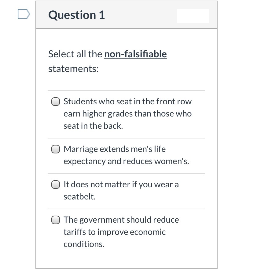 Solved Question 1 Select all the non-falsifiable statements: | Chegg.com