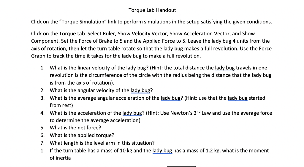 Solved Torque Lab Handout Click on the "Torque Simulation" | Chegg.com