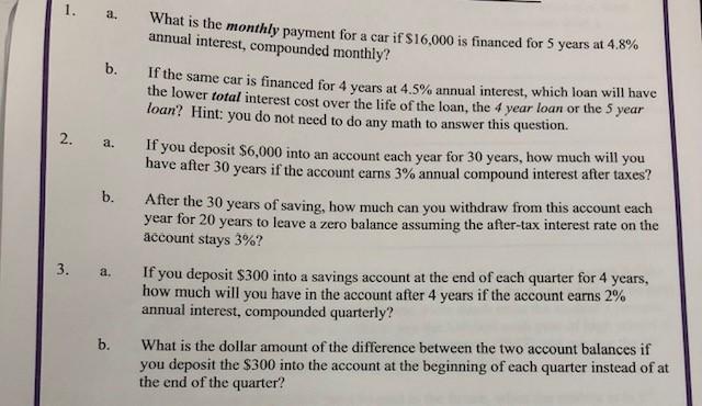 Solved 1. a. b. 2. a. What is the monthly payment for a car | Chegg.com