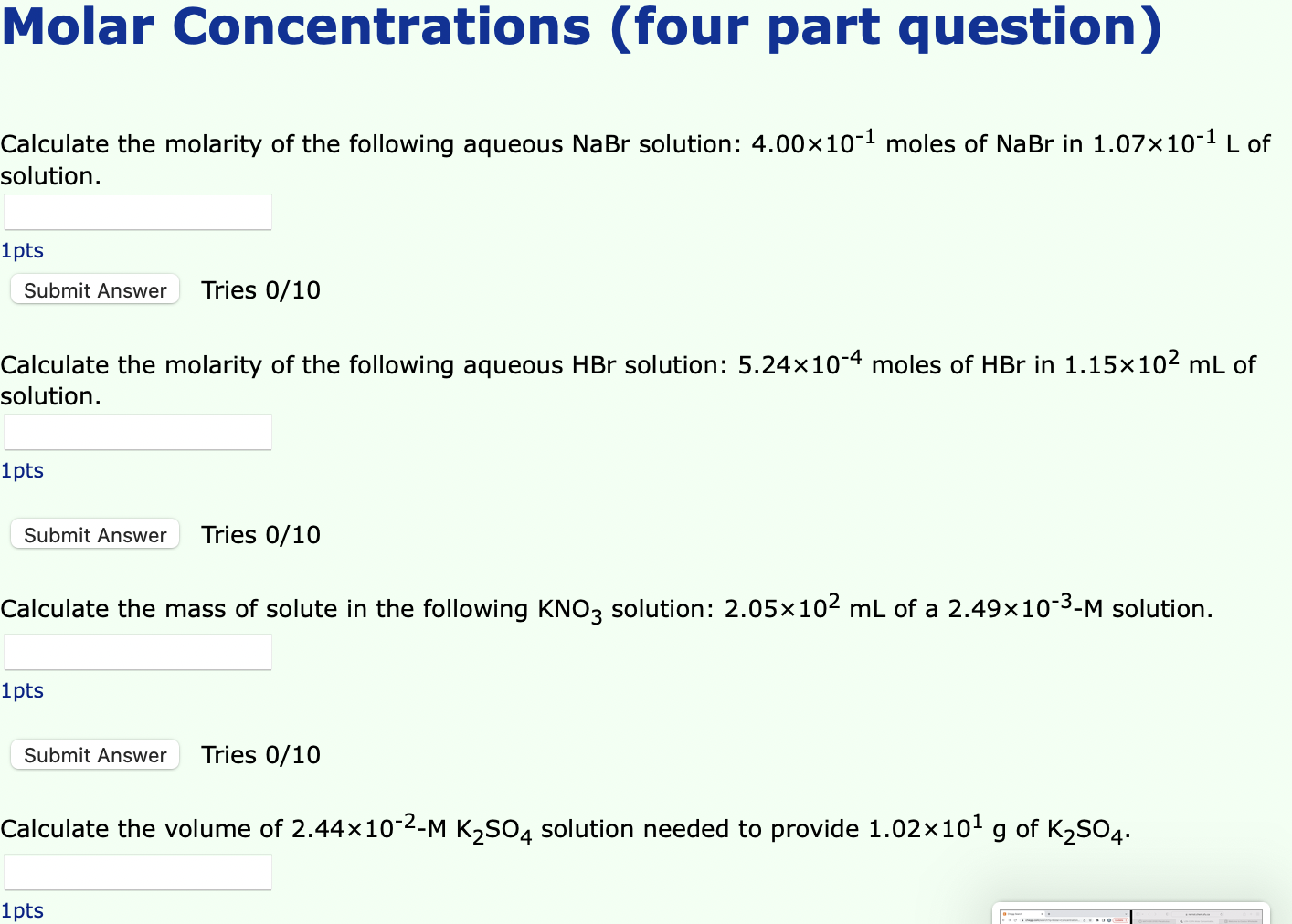Solved Molar Concentrations (four part question) Calculate | Chegg.com