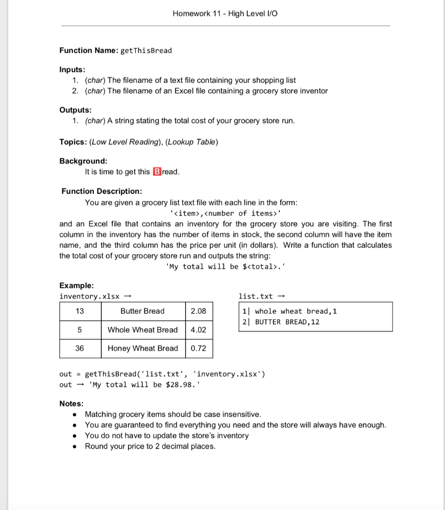 Solved Homework 11 - High Level I/O Function Name: | Chegg.com