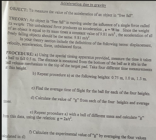 Solved Acceleration due to gravity OBJECT: To measure the | Chegg.com