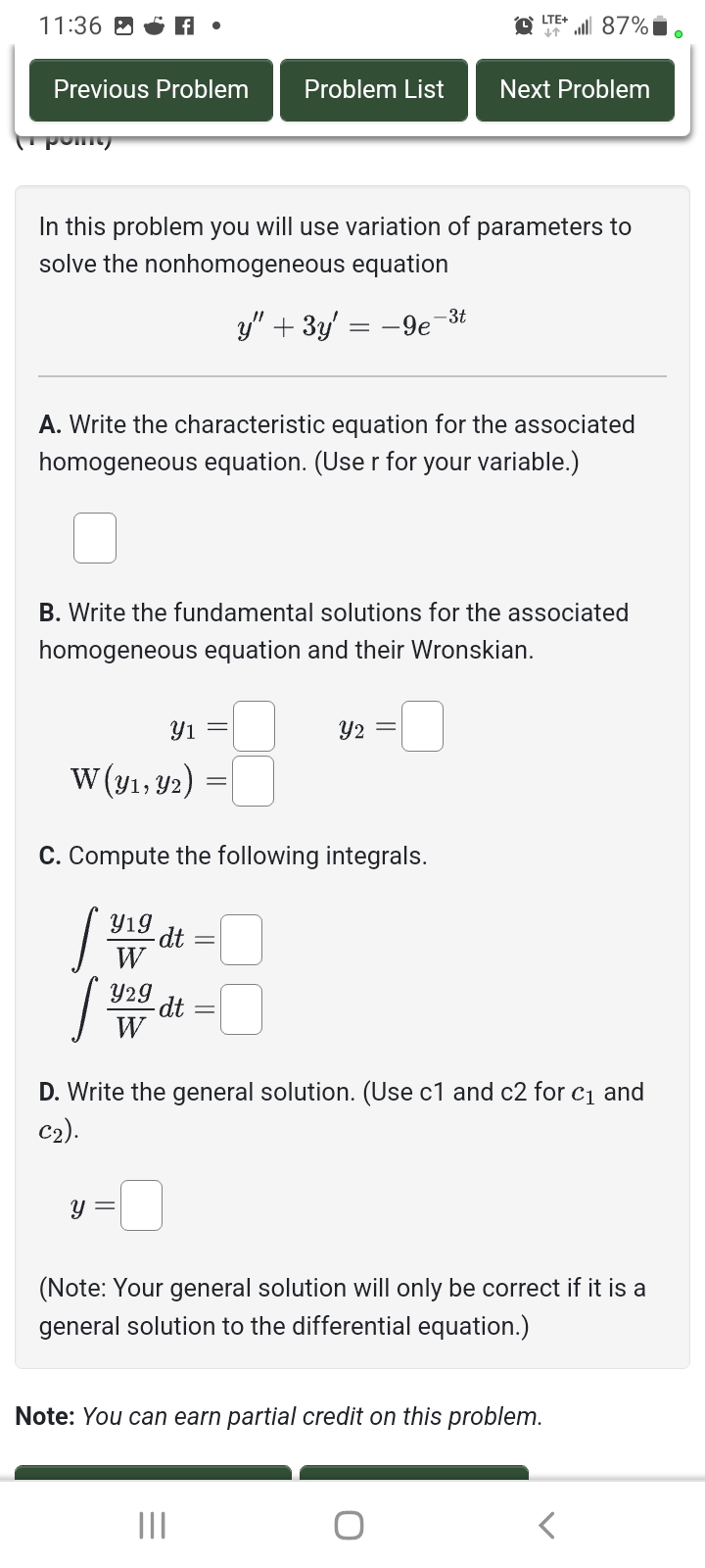 Solved In this problem you will use variation of parameters | Chegg.com