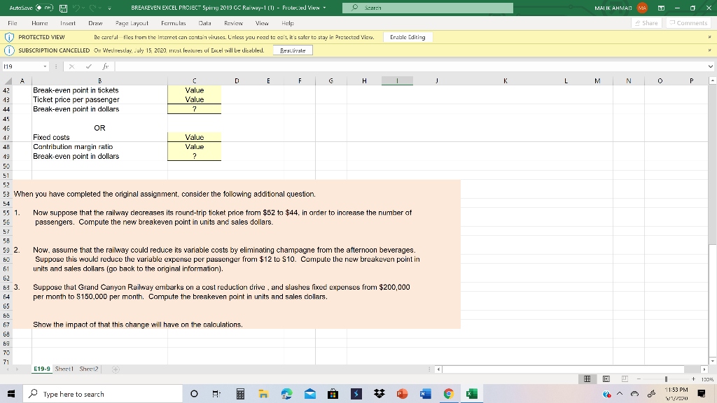 Solved O Scare AutoSave + H 2 File: Home Insert BREAKEVEN | Chegg.com