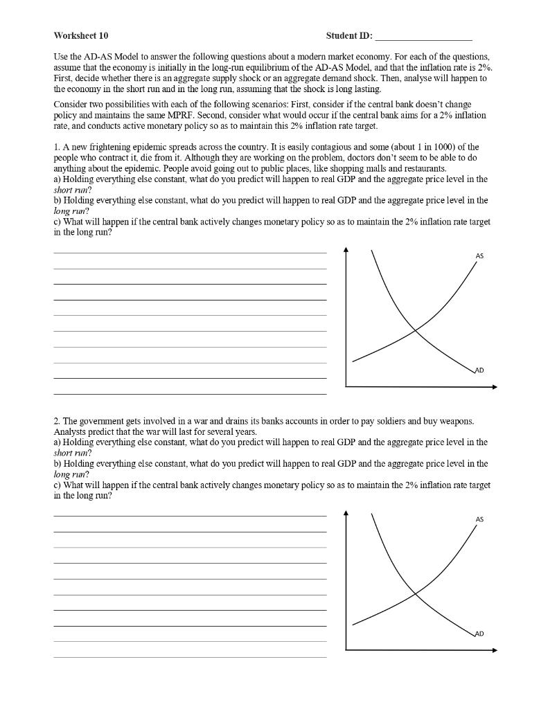 Solved Worksheet 10 Student ID Use the AD-AS Model to answer | Chegg.com