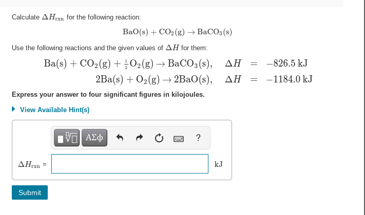 Solved Calculate AHxn for the following reaction: BaO(s) + | Chegg.com